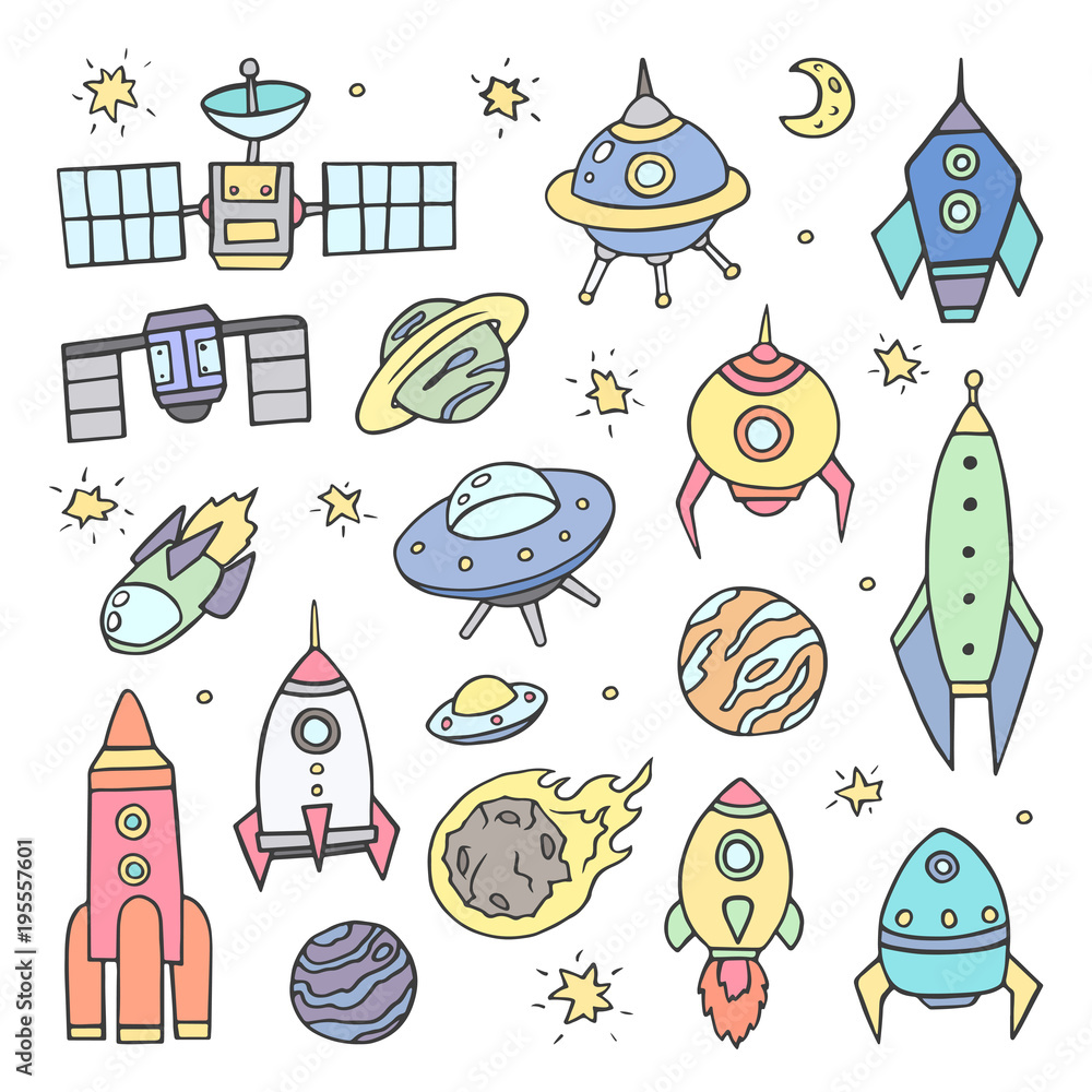 Collection of sketchy space objects, colored graphics on white ...