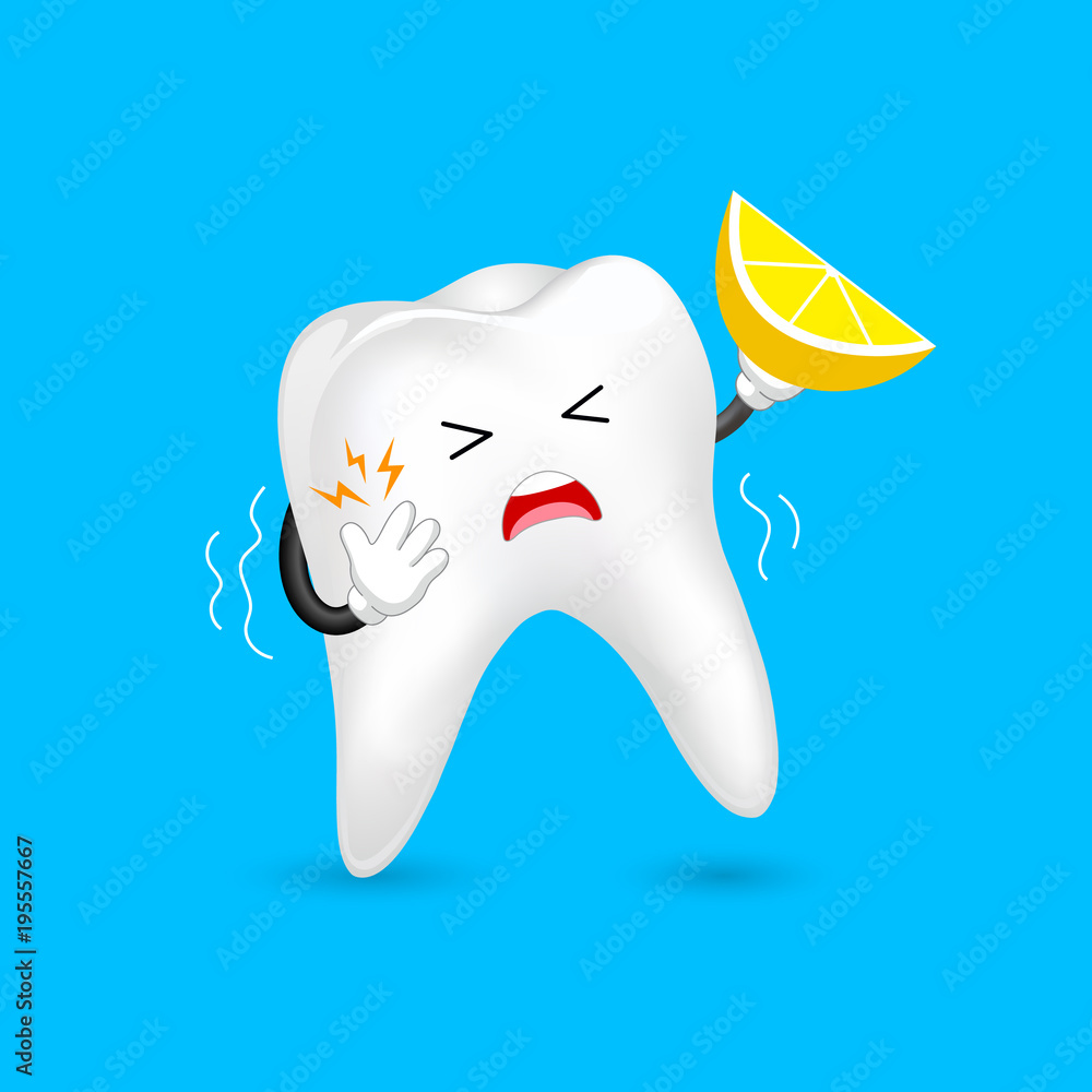 Cute cartoon sensitive tooth character holding lemon. Acid sensitivity ...