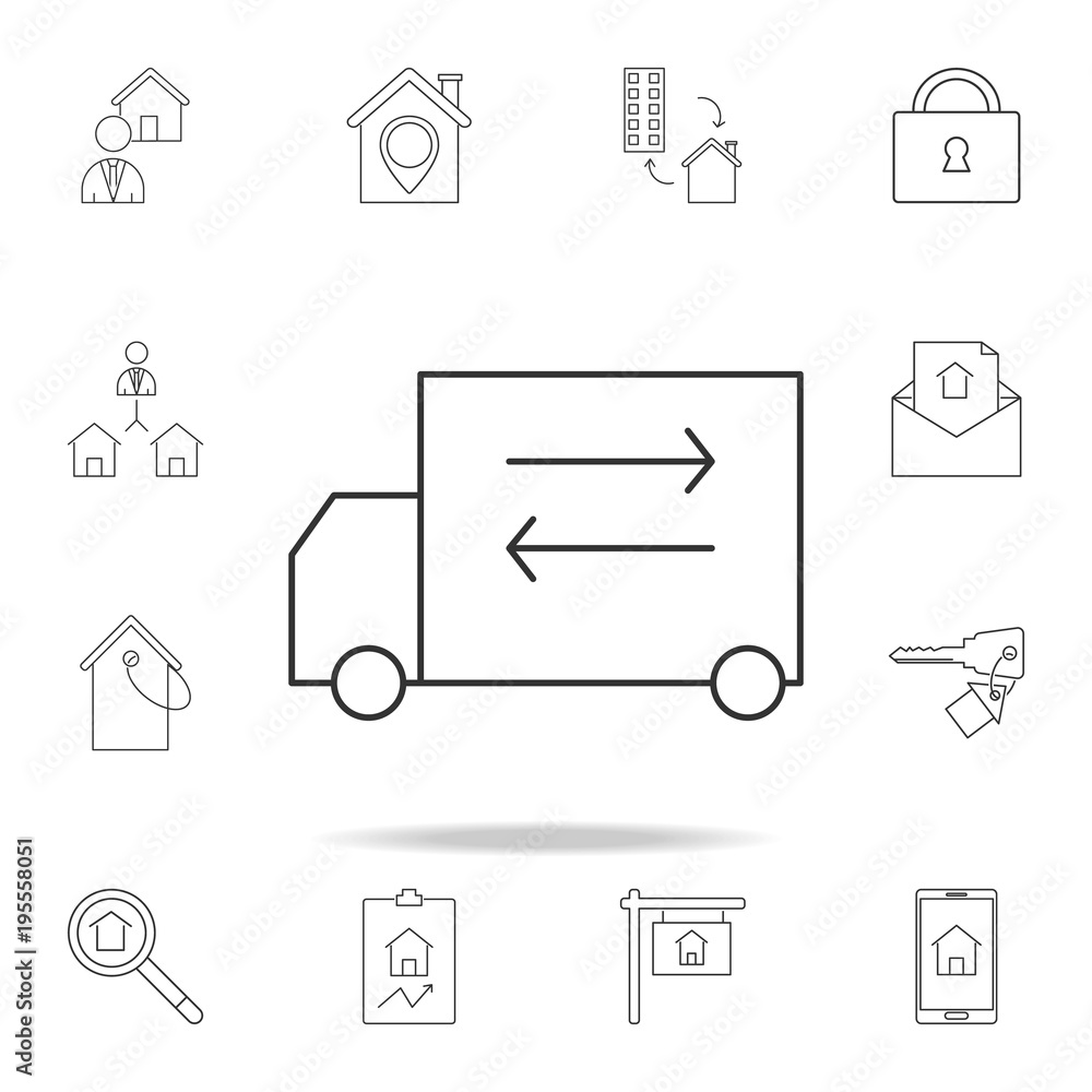 Cargo-carrying icon, relocation symbol icon. Set of sale real estate ...