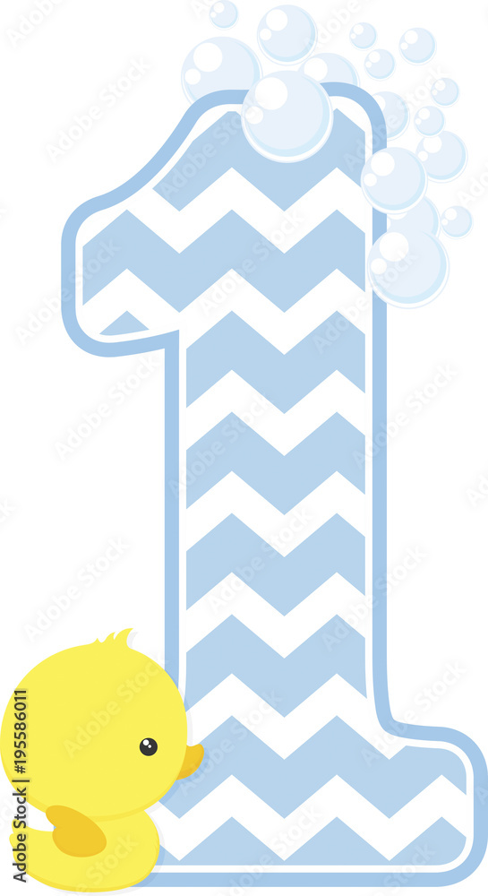 number 1 with bubbles and little baby rubber duck isolated on white ...