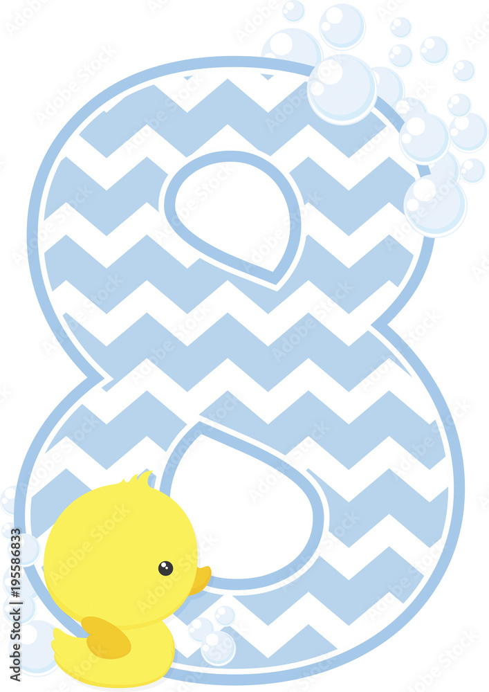 number 8 with bubbles and little baby rubber duck isolated on white ...