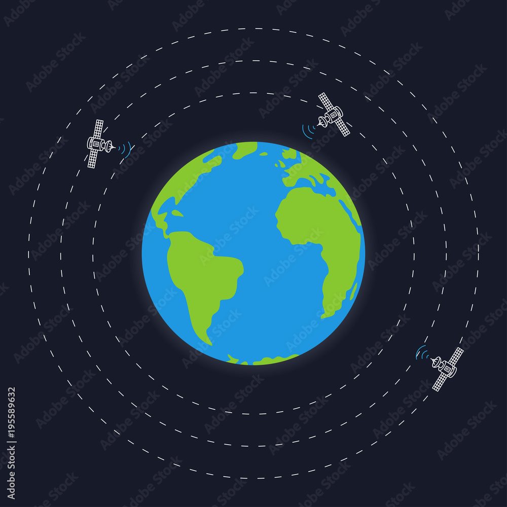 Planet earth and round satellite orbits vector illustration. Space ...