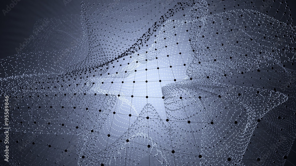 Molecule model with connected lines with dots on dark background ...