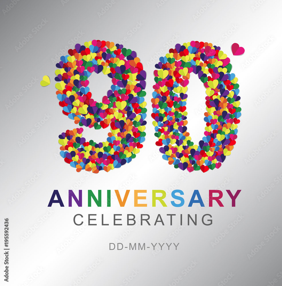 90 years anniversary celebration. Anniversary logo with mini hearts and ...