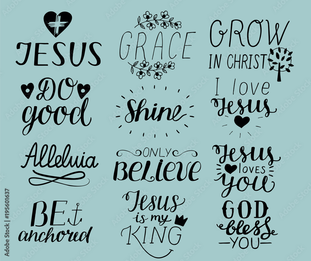Set of 12 Hand lettering christian quotes I love Jesus. Grace. God ...