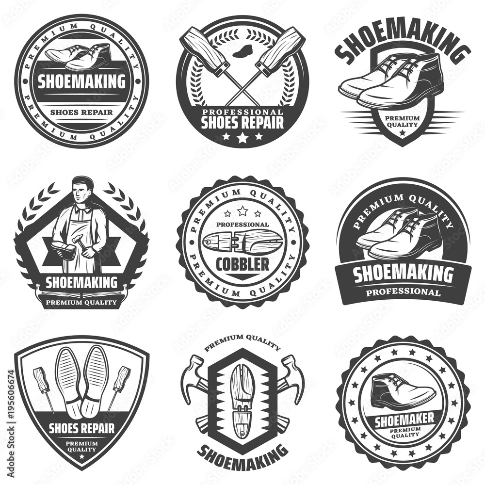 Vintage Monochrome Shoemaking Emblems Set Stock Vector | Adobe Stock