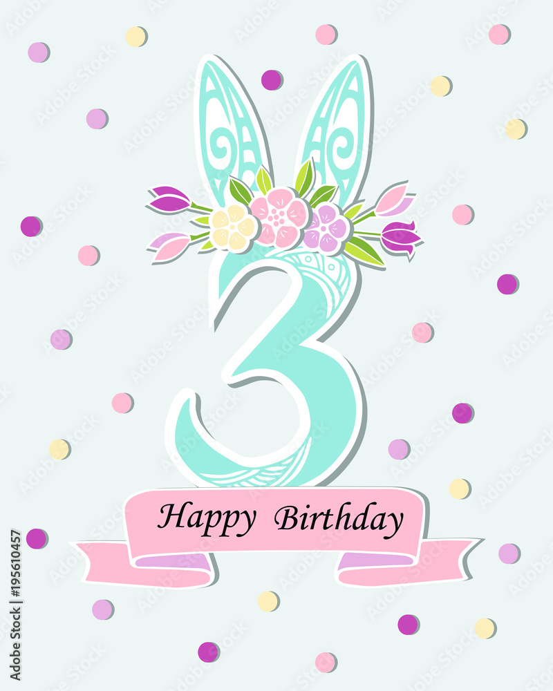 Vector illustration with number Three, Bunny ears and floral wreath ...