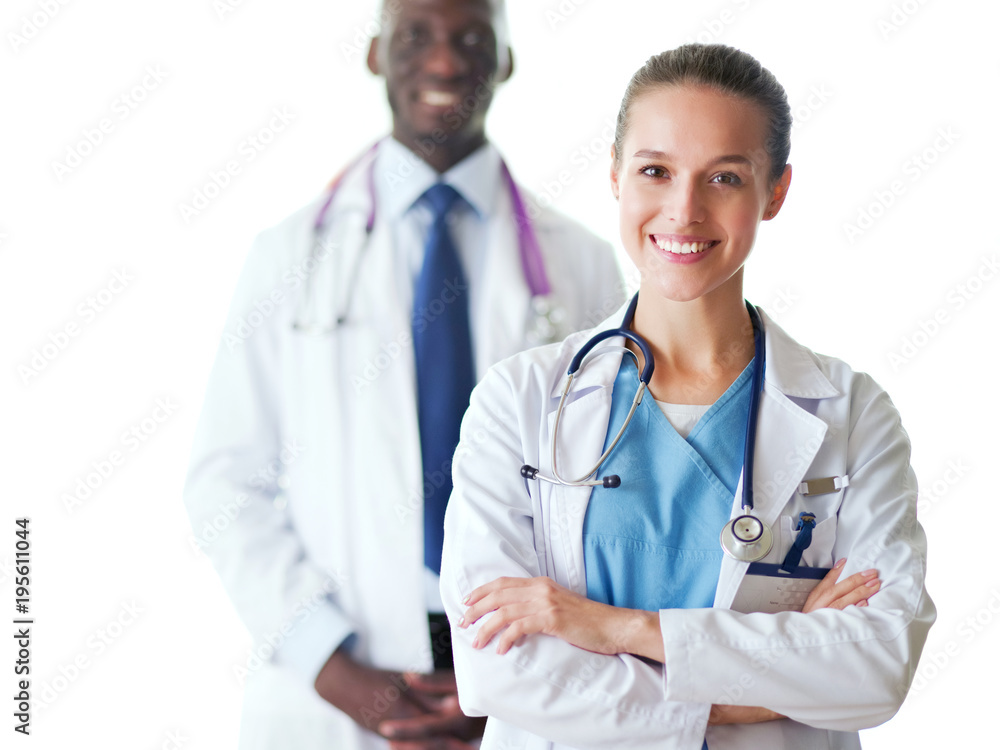 Two happy smiling young medical people handshaking at office. Doctors ...