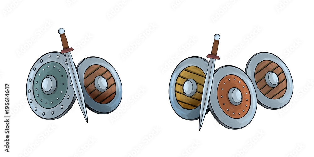 cartoon scene with shields and swords on white background ...