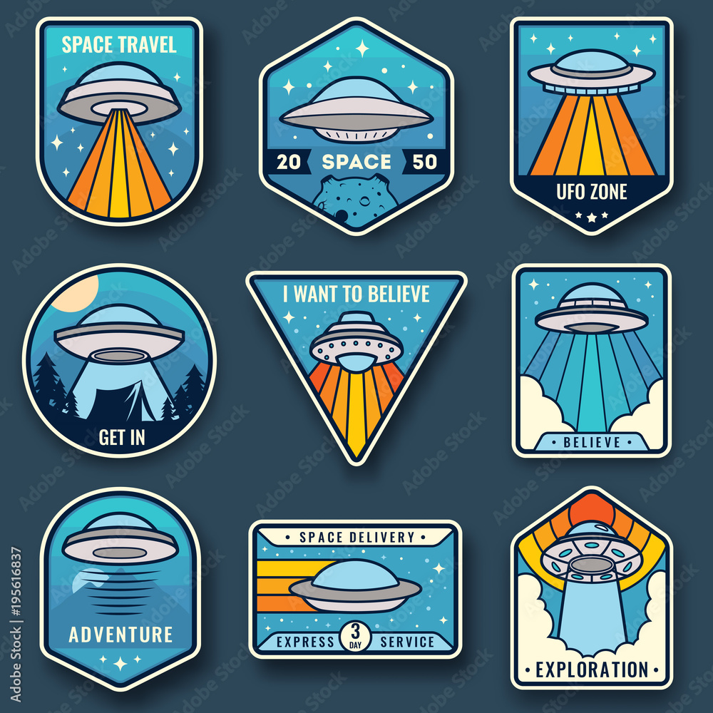 Alien spaceship, spacecrafts and ufo emblems set. Cosmic ship in form ...