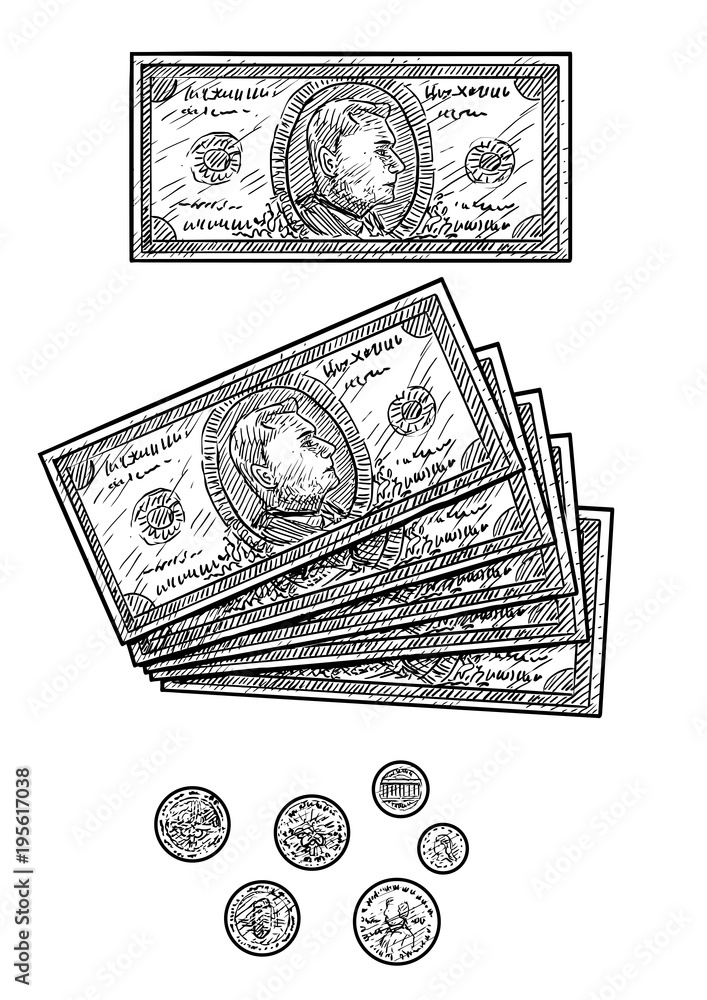Money, bank notes, coins illustration, drawing, engraving, ink, line ...