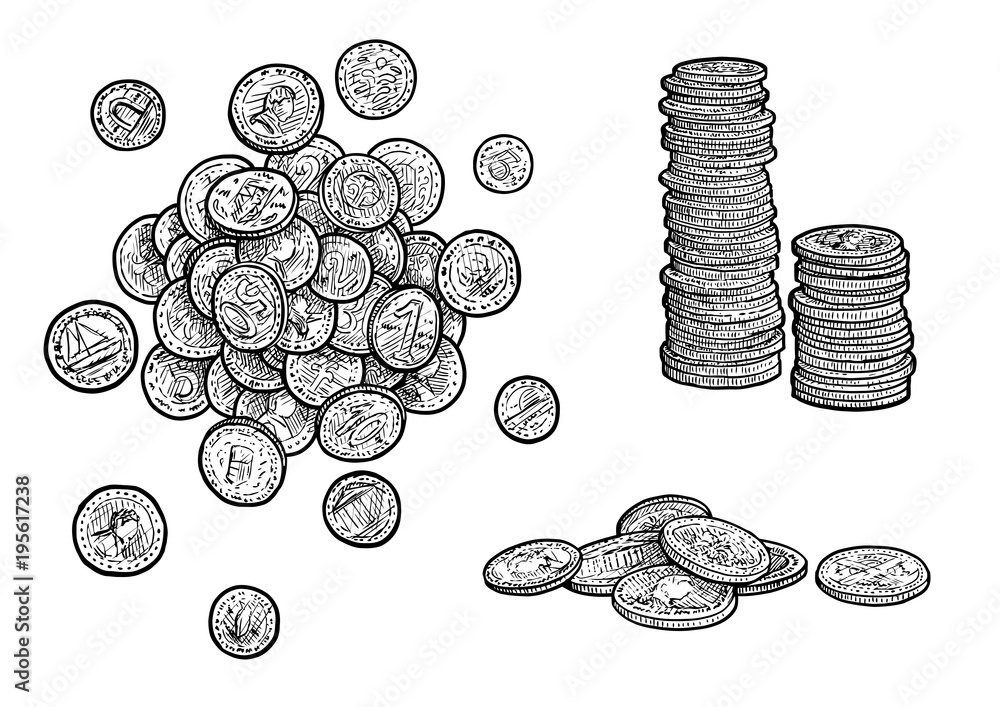 Money, coins illustration, drawing, engraving, ink, line art, vector ...