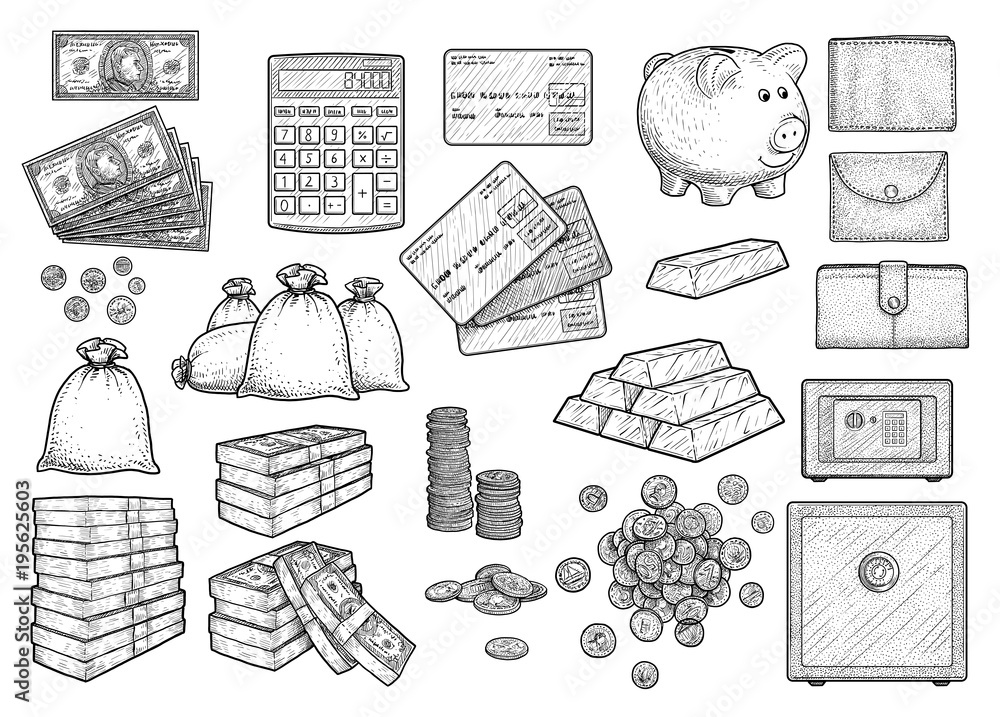 Money accessories illustration, drawing, engraving, ink, line art ...