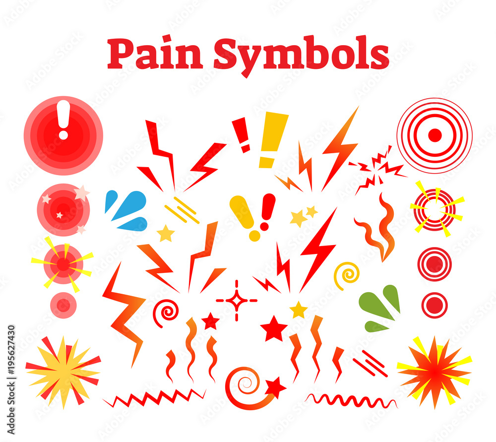 Pain symbols, vector illustration with damage, crash and ache signs ...