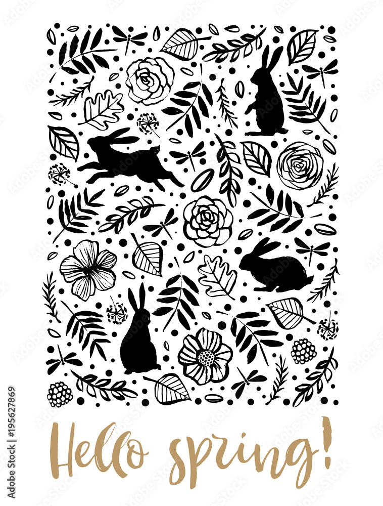 Hello spring. Running, sitting and standing silhouette of a rabbit in ...