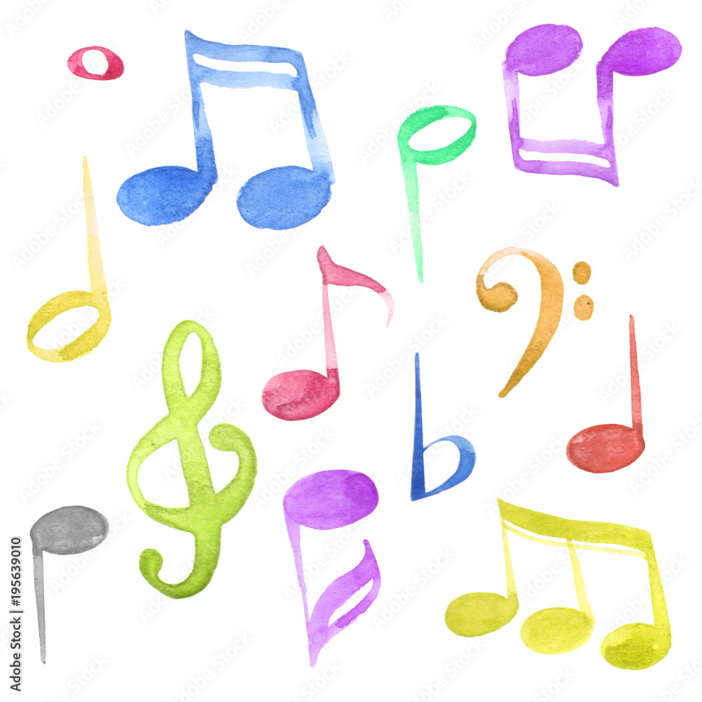Watercolor isolated red, blue, yellow, violet, pink and green ink music ...