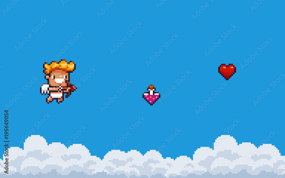 Pixel art game background with clouds, flying Cupid with bow and arrow ...