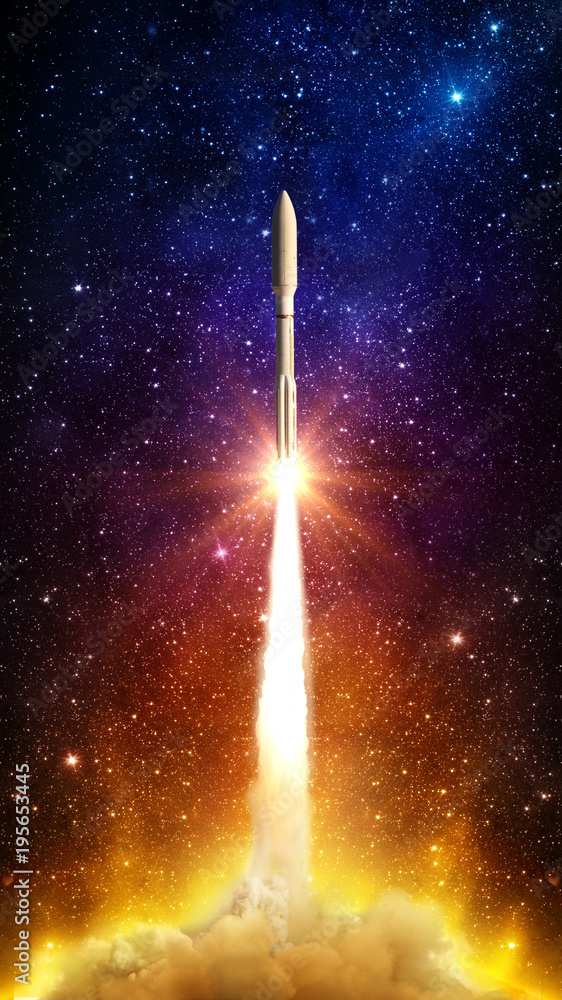 Flying space rocket in the night starry sky. Space exploration ...