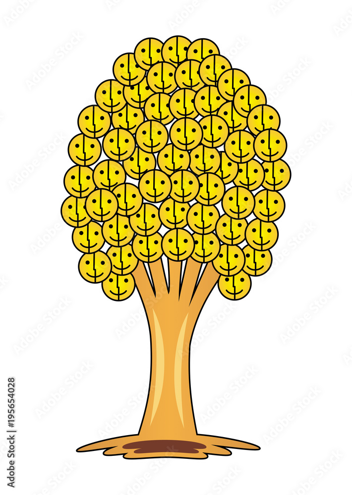 Tree of smiles and joy. Tree with smiley face instead of leaves. Yellow ...