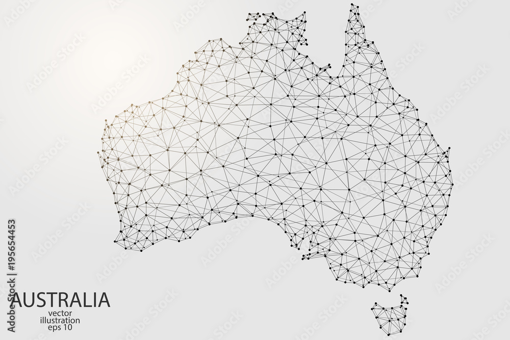 Australia map consisting of 3D triangles, lines, points and connections ...