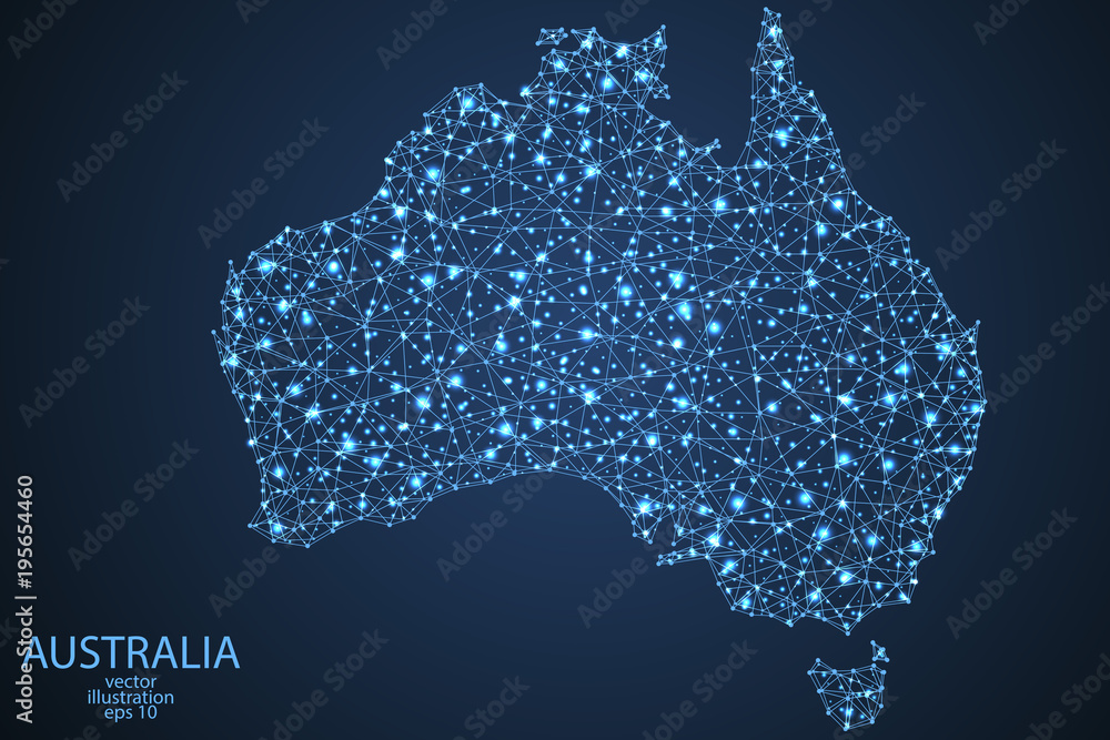 Australia map consisting of 3D triangles, lines, points and connections ...