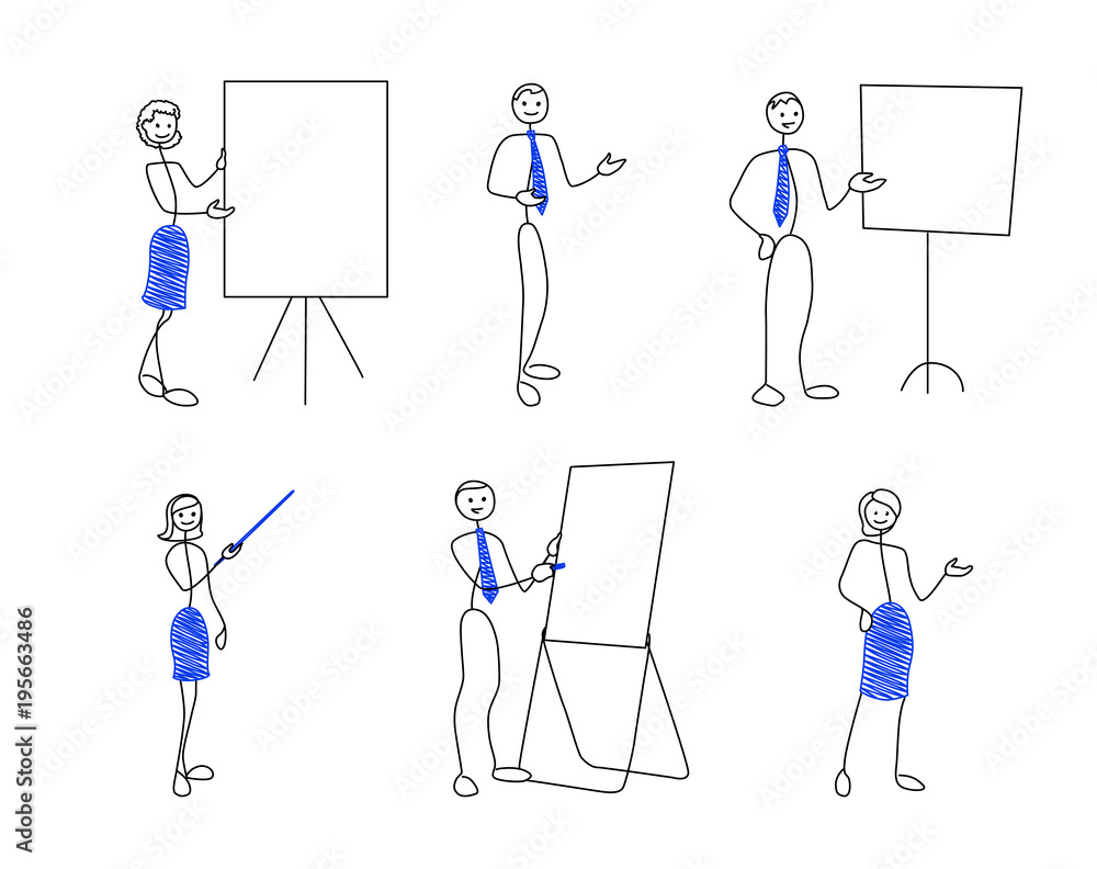 Collection of stick figures in presentation poses. Doodle style men and ...