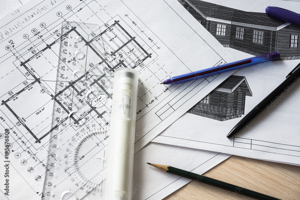 Architect's desktop. Plan of house. Architect workplace. Work with ...