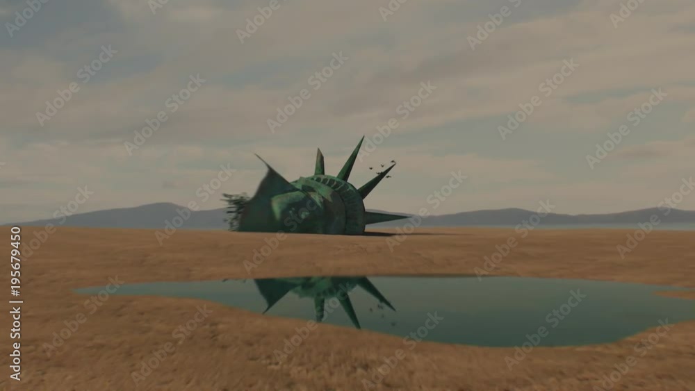 Post apocalyptic scene of a head resembling the statue of liberty on a ...