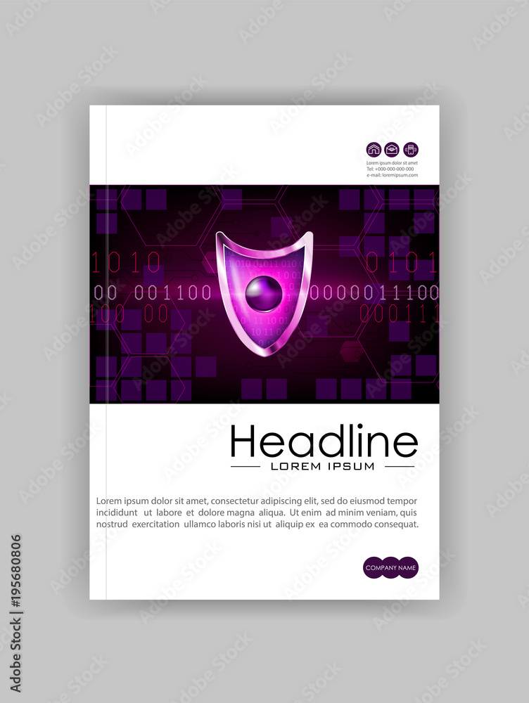 A4 Business Technology Book Cover Design Template. Purple atom shield ...