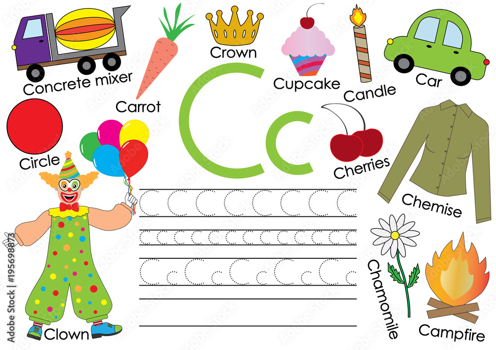 English alphabet. Letter C. Card with pictures and writing practice for ...
