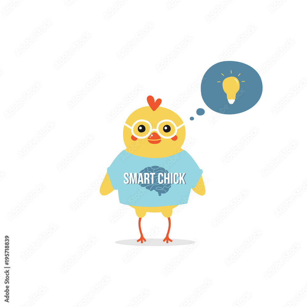 Cute cartoon smart baby chicken character in glasses thinking, has a ...