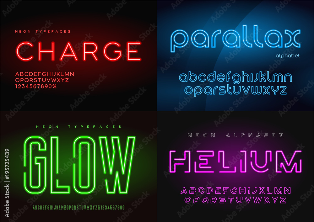 Set of glowing neon vector typefaces, alphabets, letters, fonts, Stock ...