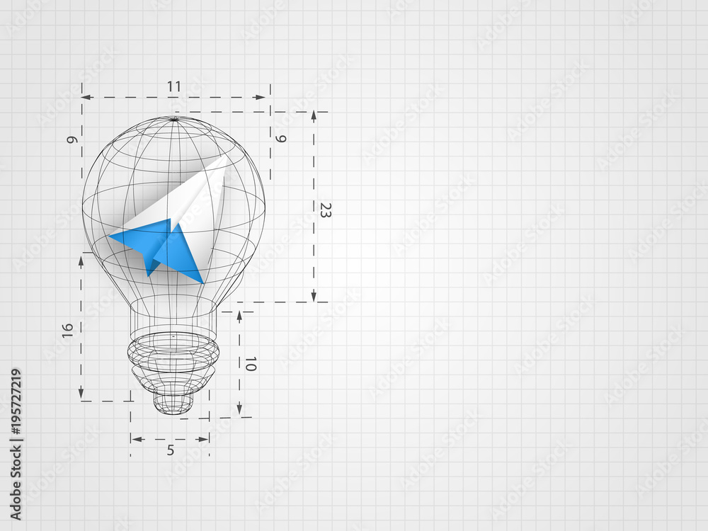 The lightbulb wireframe with ratio containing origami airplane on grid ...