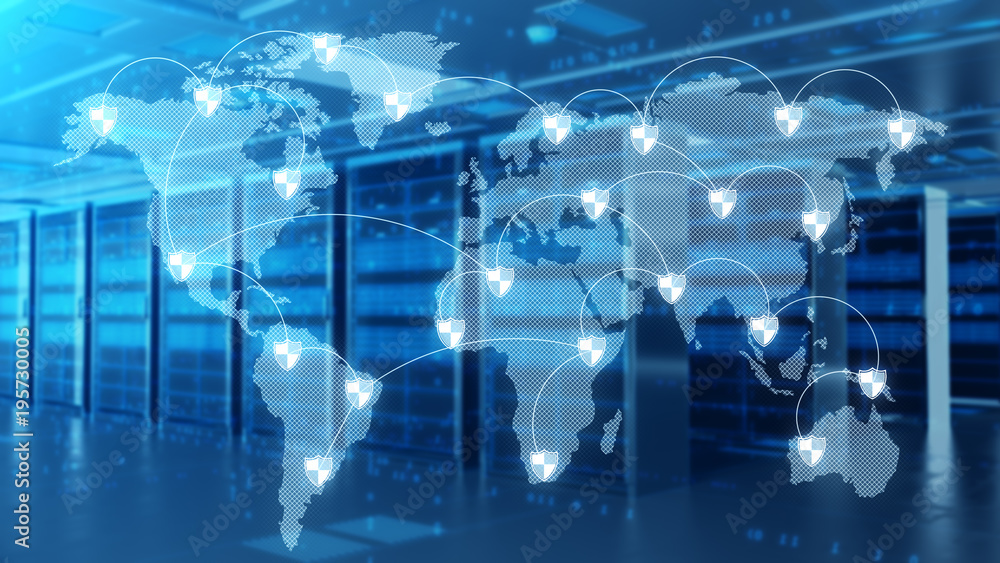 Server room which connected to the global cloud data,3d rendering ...