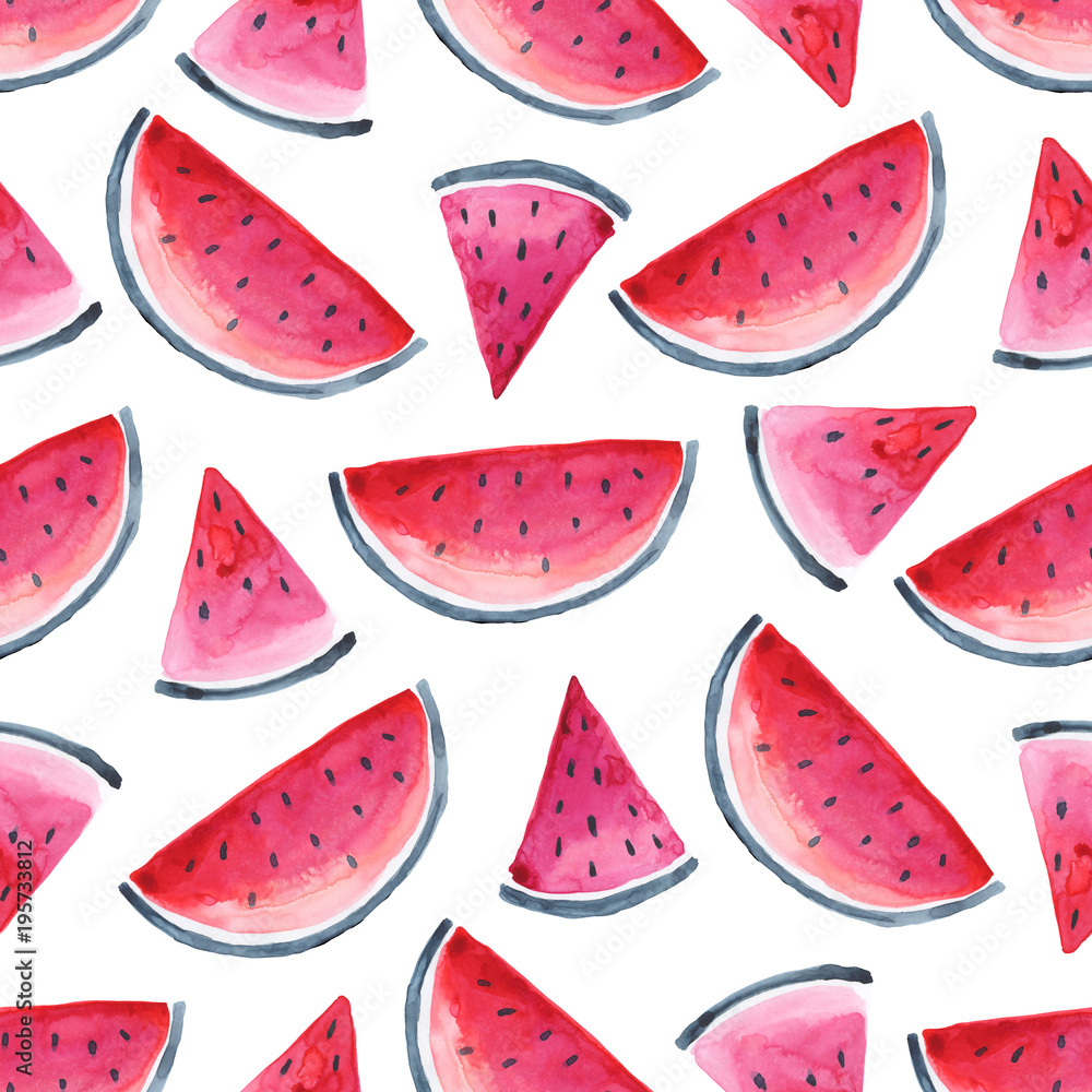 Seamless Tropical pattern of watermelon. Hand drawn watercolor ...