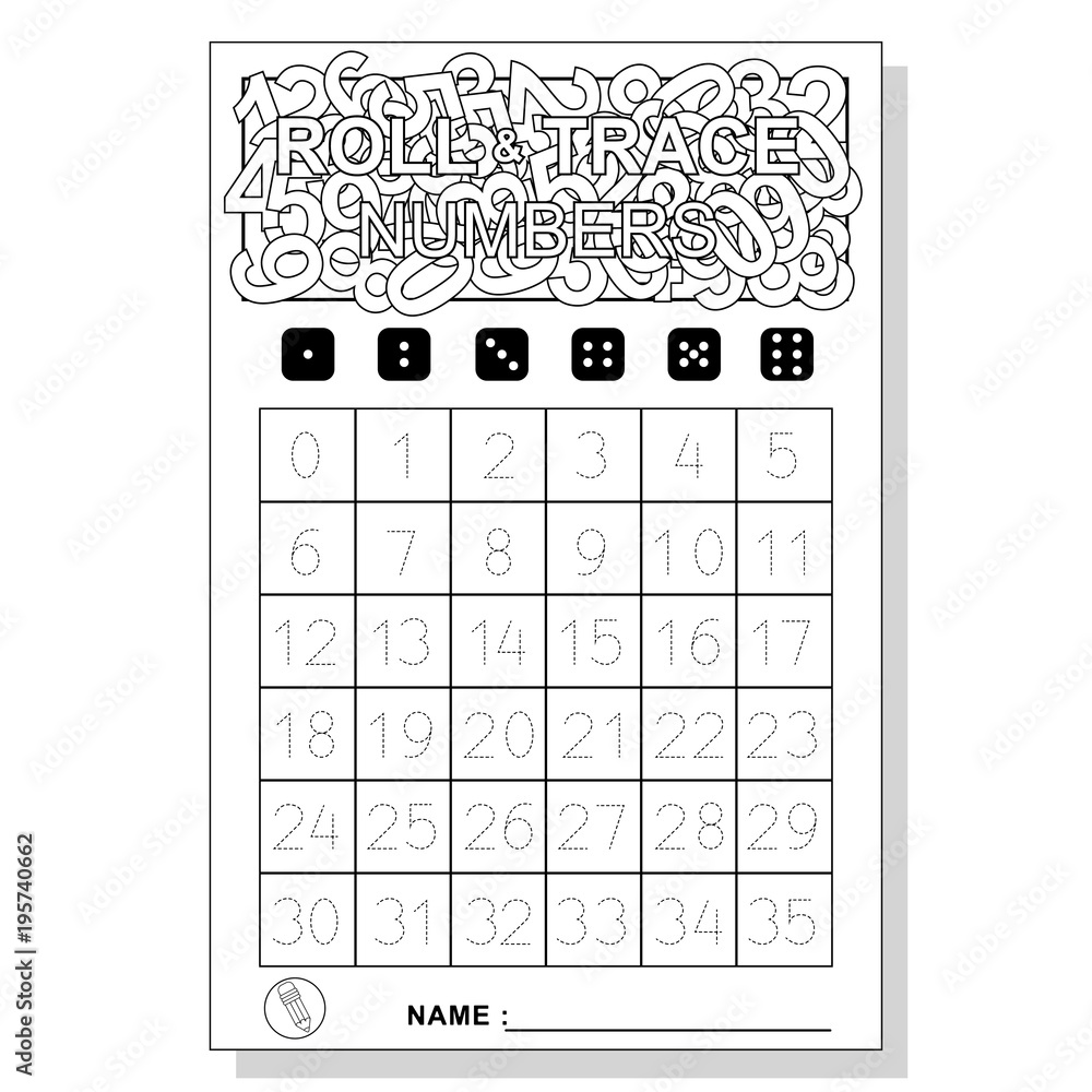 Roll and trace numbers. Children's dice game template design. Vector ...