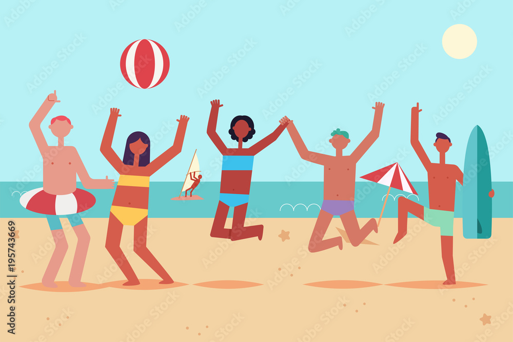 Summer beach party with dancing and jumping young people in swimming ...