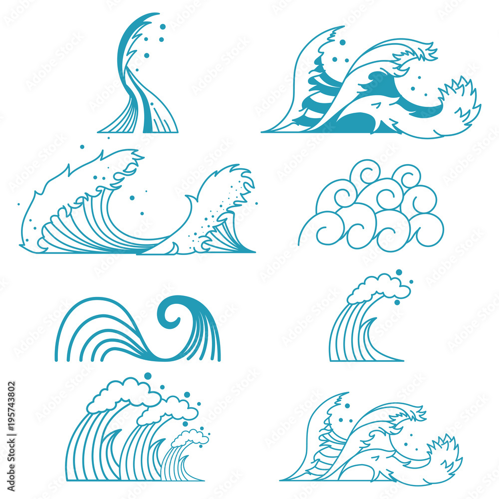 Ocean storm waves vector set of line flat icons isolated on white ...