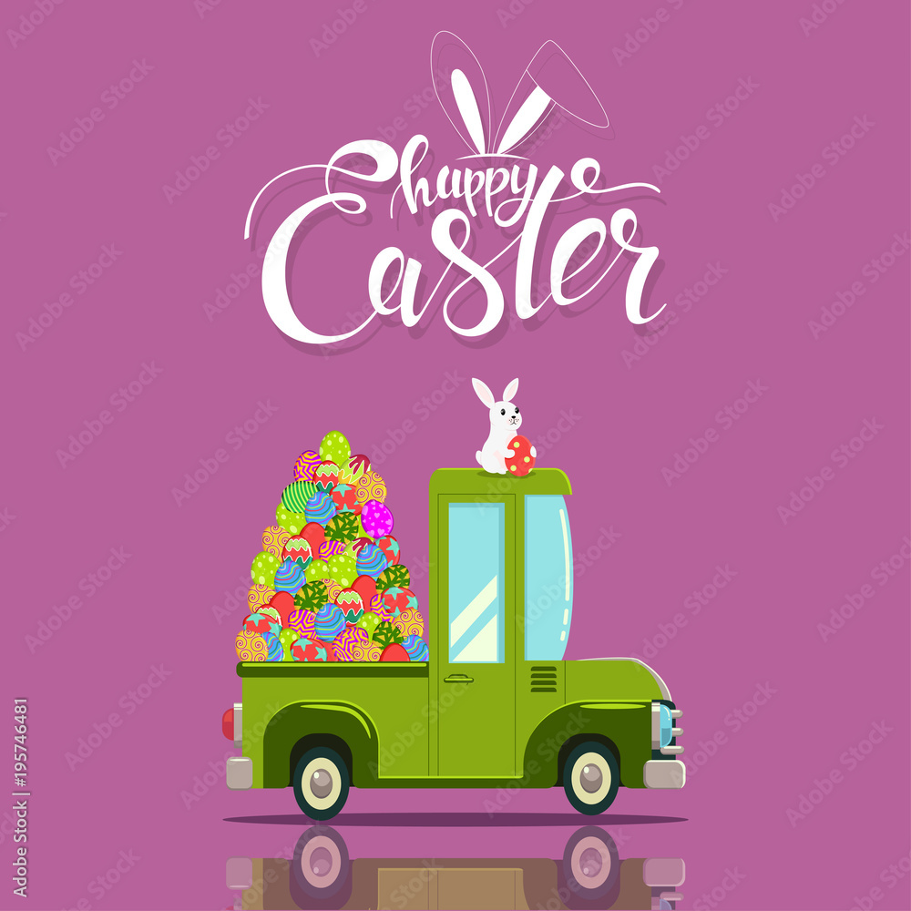 Easter car with painted eggs and a cute bunny on the roof. Vector ...