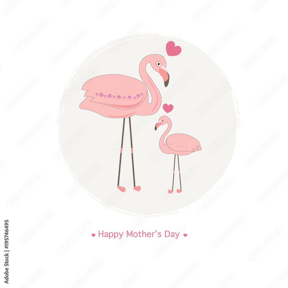 Flamingos. Mother flamingo and baby flamingo.Mother's day greeting card ...