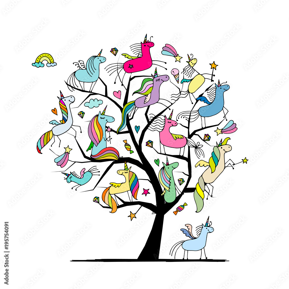 Magic unicorns tree, sketch for your design Stock Vector | Adobe Stock