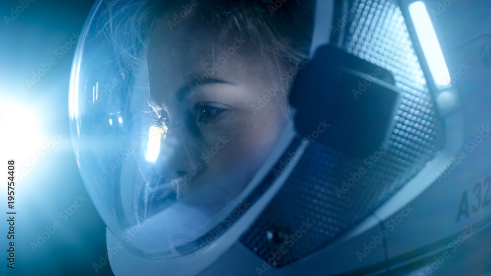 Portrait of the Beautiful Female Astronaut Space Walking, Looking ...