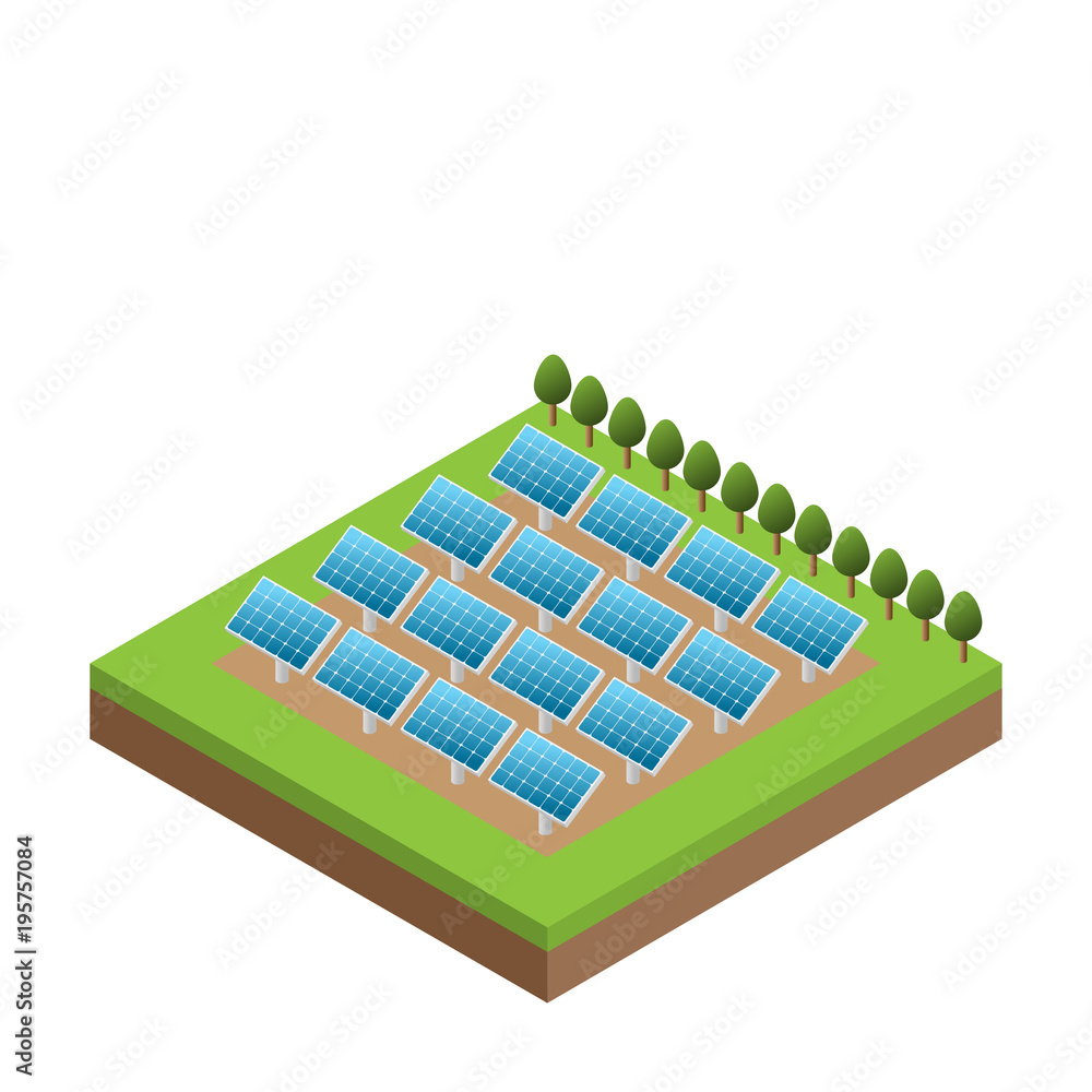 Simple isometric solar cell power plant isolated, white background ...