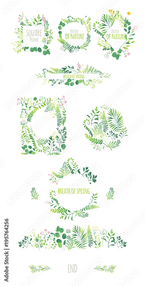 Big set of eco style round and square frames, decorations elements ...