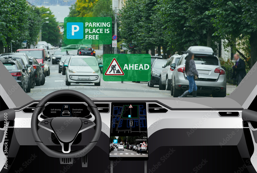 Self driving car on a road. V2V - Vehicle to vehicle communication ...