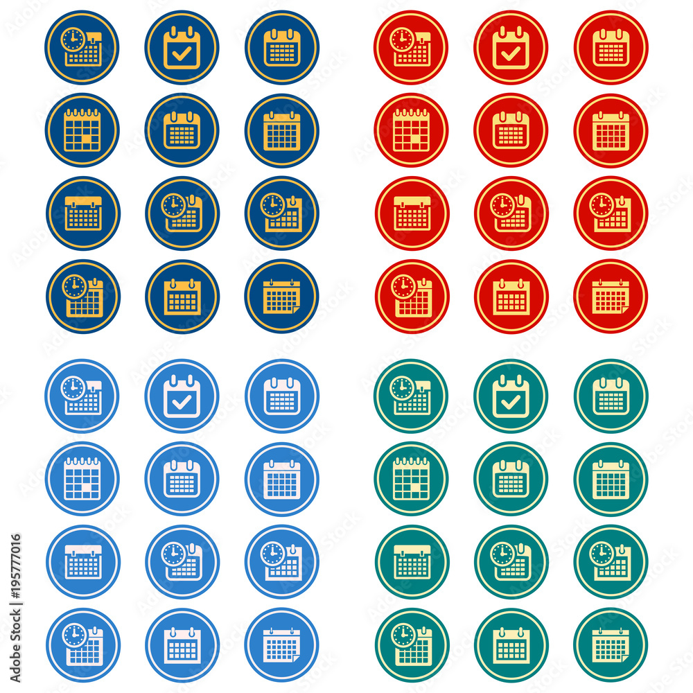 Simple, flat, circular calendar icon set. 12 icons, 4 color design ...