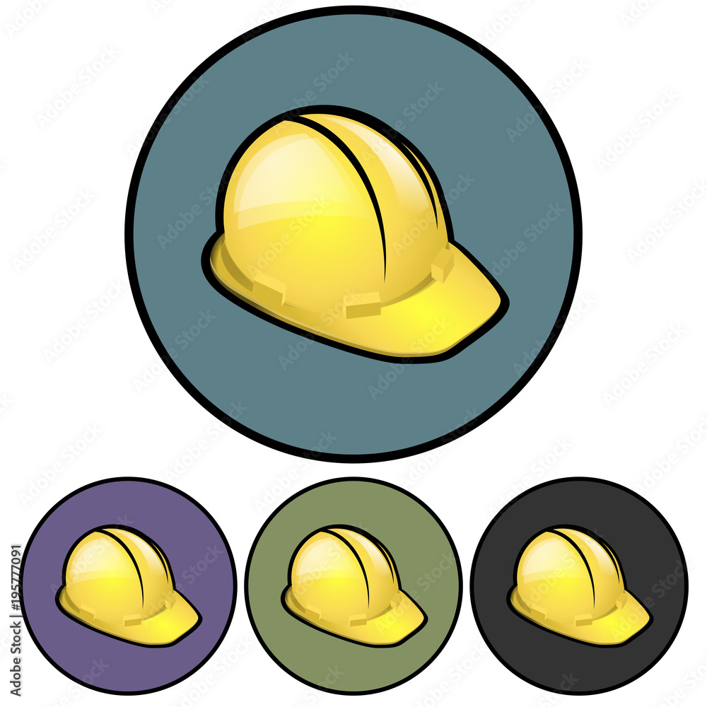 Circular yellow hard hat icon. Four color variations. Isolated on white ...