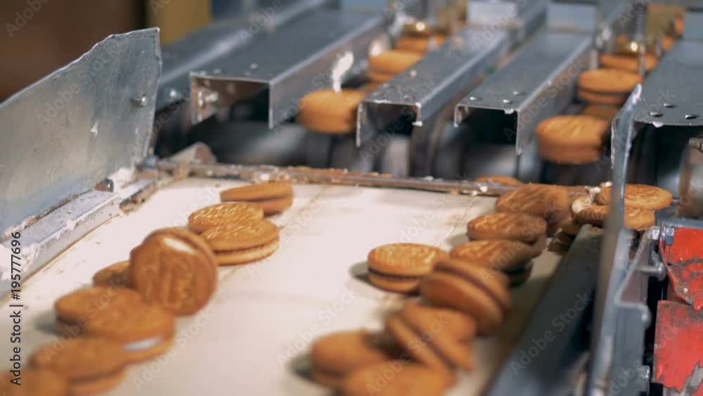 Cookies are falling from mechanical ducts onto the conveyor belt Stock ...