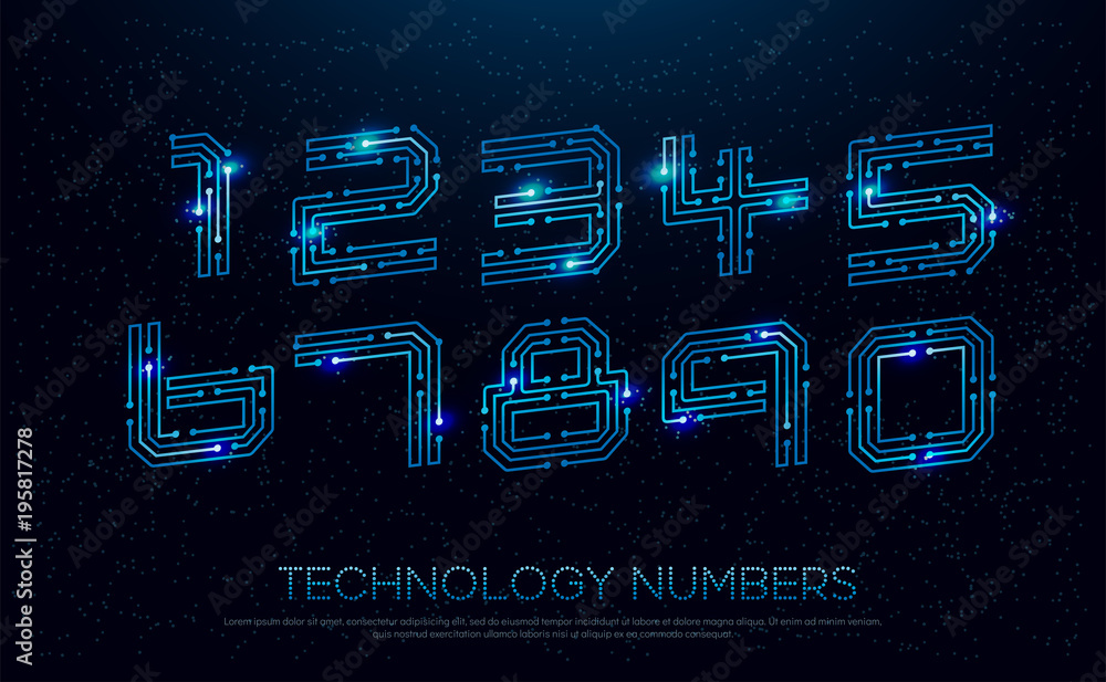 Technology digital numbers network concept. 1, 2, 3, 4, 5, 6, 7, 8, 9 ...