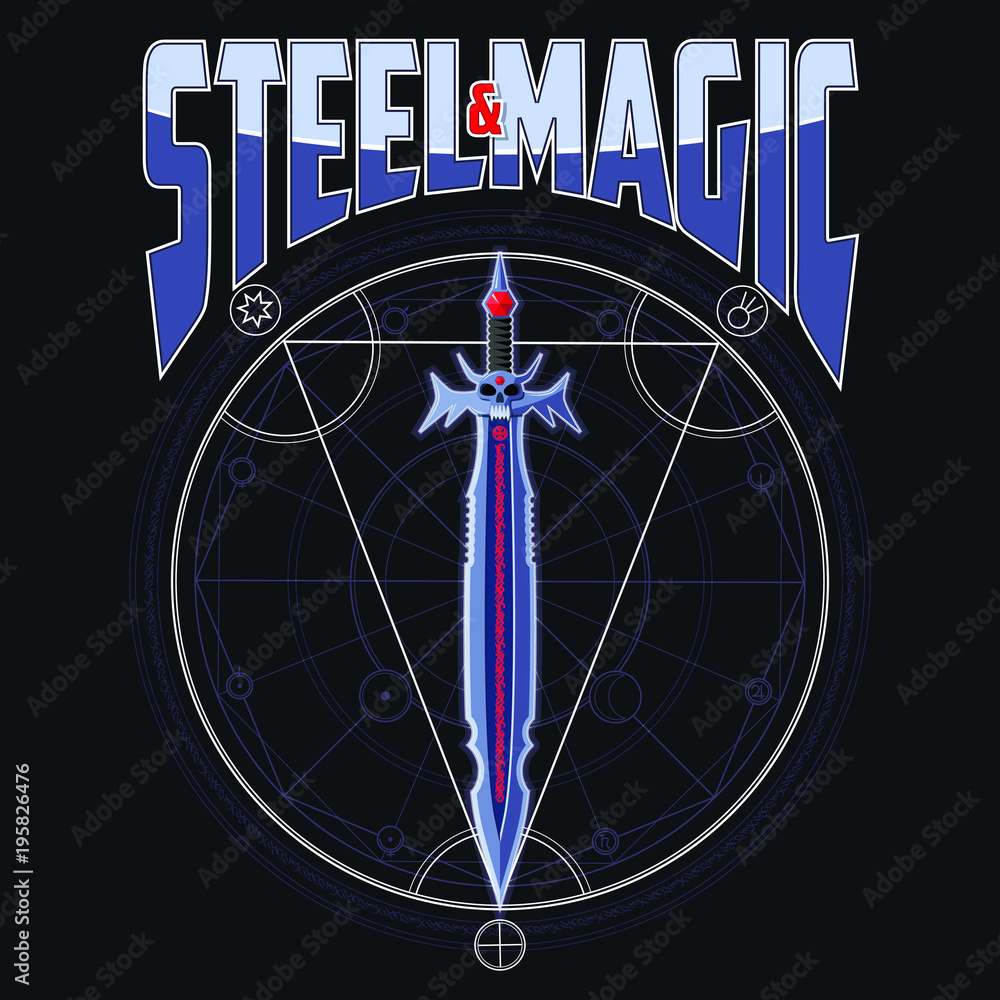 Sword with runes on a dark magical background. Emblem with the symbols ...